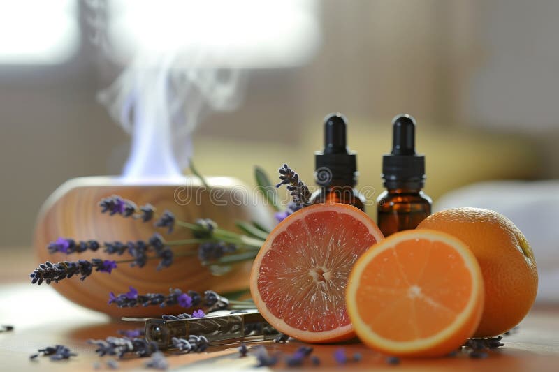 Essential Oil Bottles with Diffuser Mist Stock Illustration ...