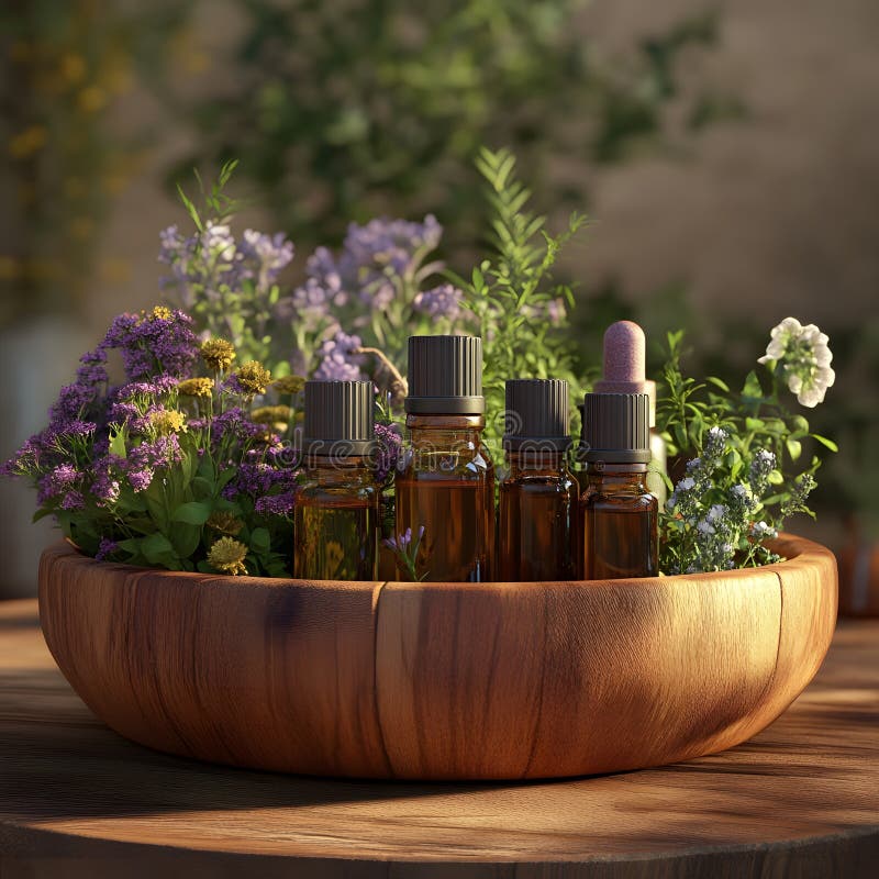 Essential Oil Bottles Surrounded by Vibrant Herbs Stock Illustration ...