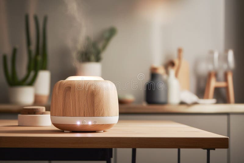 An Essential Oil Diffuser on the Bench in a Bright Well Lit Kitchen ...