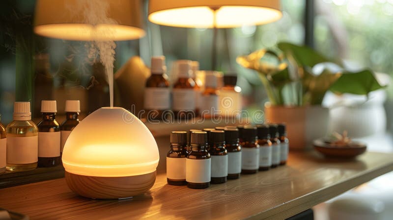 An Essential Oil Diffuser and Bottles on a Table. Stock Image - Image ...