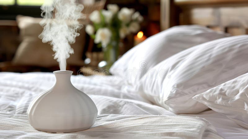 Essential Oil Diffuser Releasing Steam on a Bed, Creating a Relaxing ...