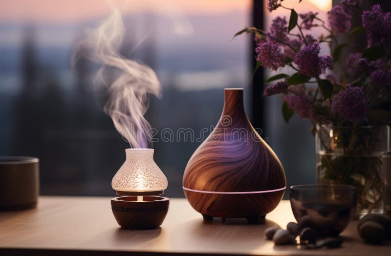 An Essential Oil Diffuser Sitting on a Table Full of Aromatherapy ...