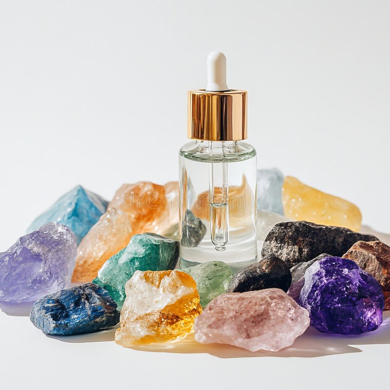 Essential Oil in a Glass Bottle on a Background of Colored Stones Stock ...