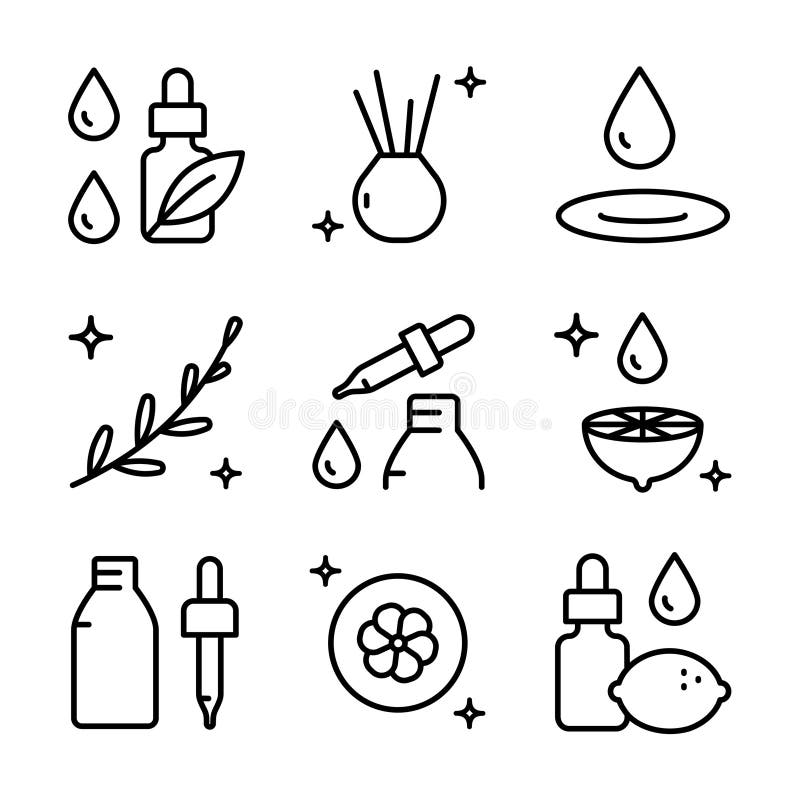 Essential Oils Aromatherapy Vector Flat Line Icons Set. Elements - Aroma Therapy Diffuser, Oil ...