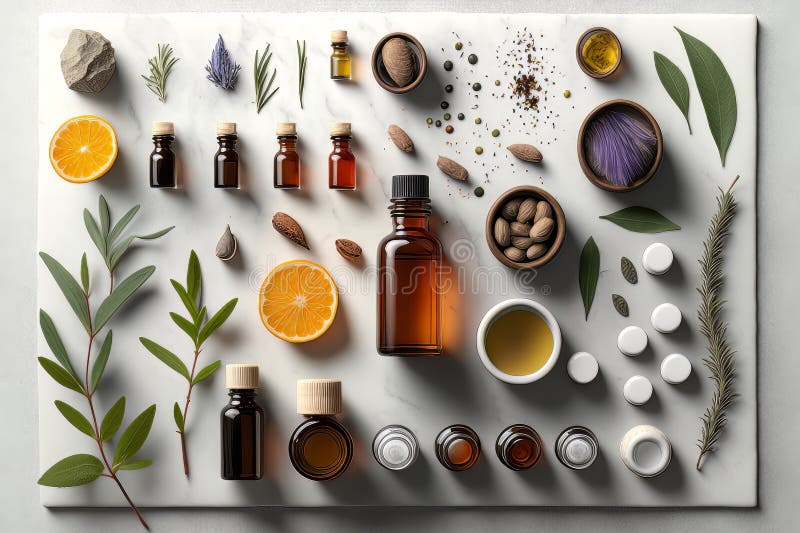 Essential Oils Flat Layout Over White Background. Herbal Eco Friendly ...