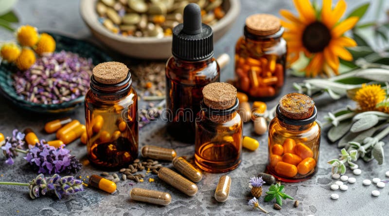 Essential Oils and Flowers on a Grey Background Stock Photo - Image of ...