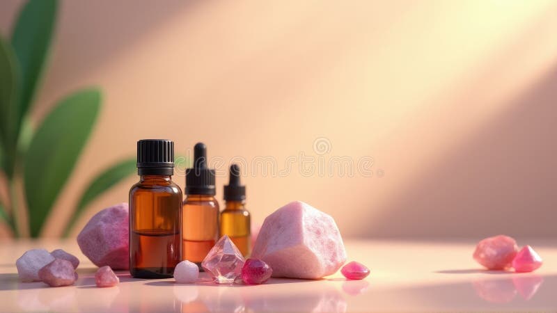 Essential Oils and Pink Crystals on a Beige Background Stock ...
