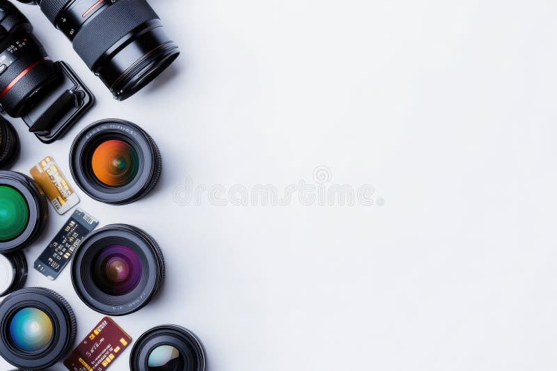 Essential Photography Equipment Layout Featuring Lenses and Memory ...