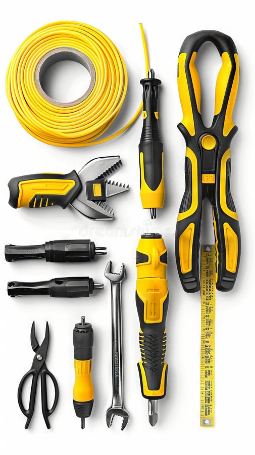 Essential Set of Electrician Tools Including Pliers, Wrench, and Cables ...