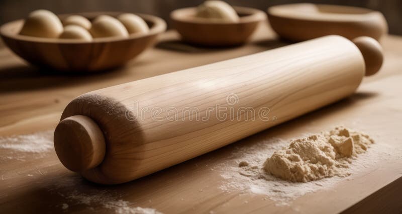 Essential Tools for Baking - Wooden Rolling Pin and Flour Stock ...