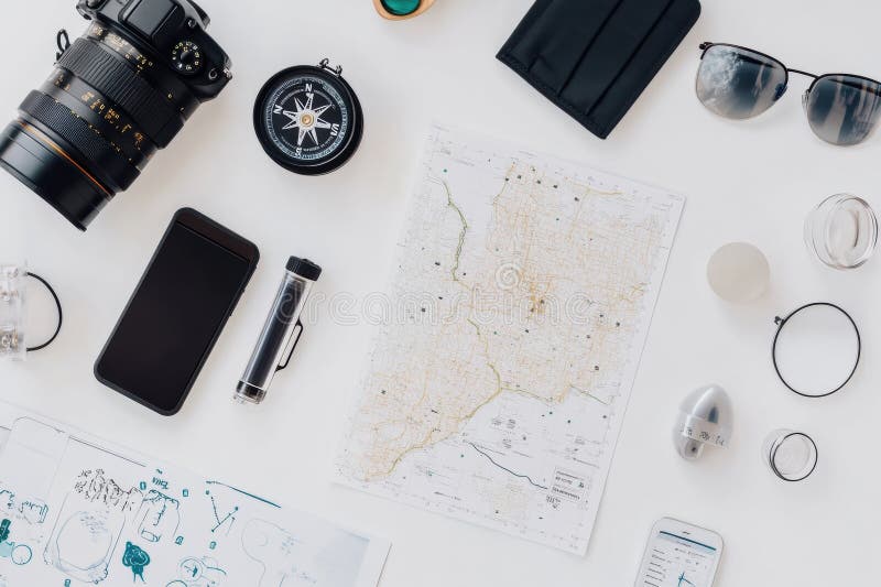 Essential Travel Items Including a Map, Compass, Camera, and Sunglasses ...
