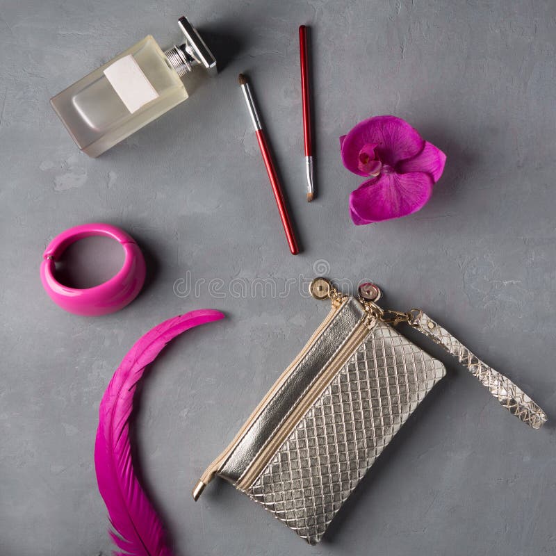 Essentials Fashion Woman Objects on Concrete Background Stock Photo ...