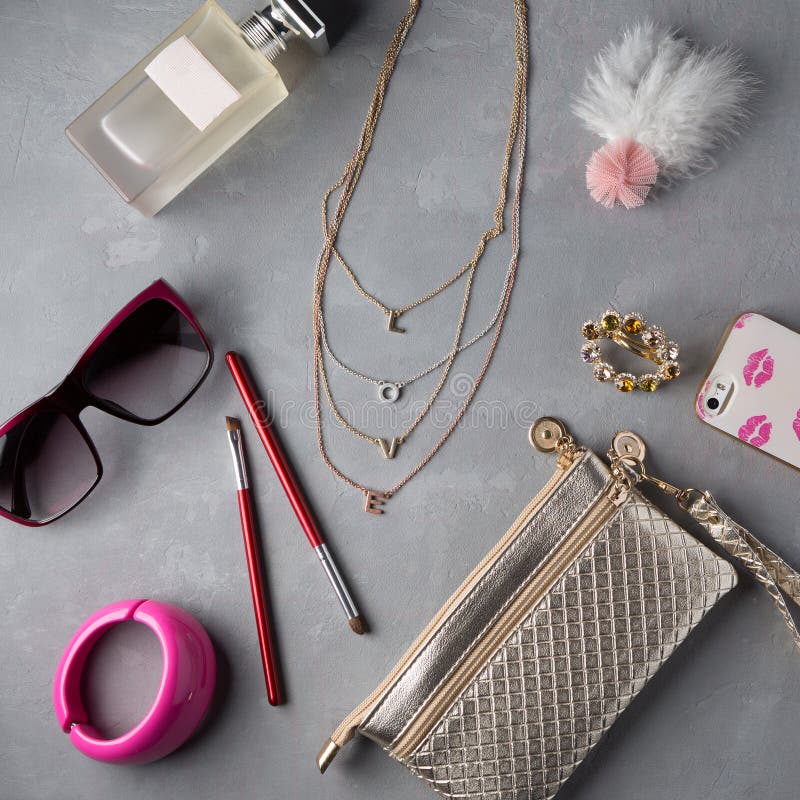 Essentials Fashion Woman Objects on Concrete Background Stock Photo ...