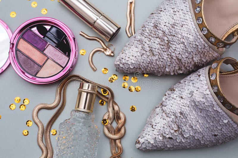 Essentials Fashion Woman Objects On Concrete Background Stock Photo ...