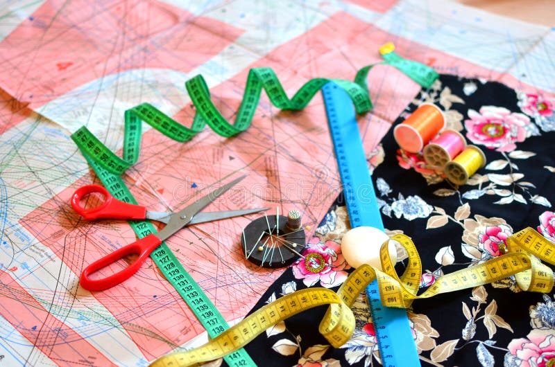 Essentials Of The Measuring And Cutting Textile Or Fine Cloth. Stock ...