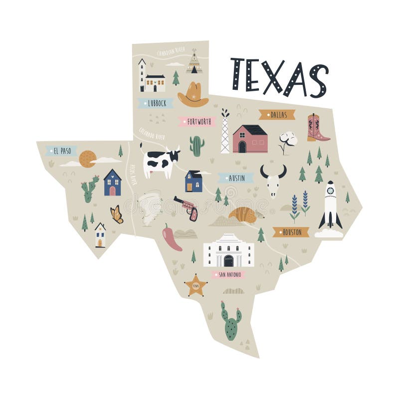 Estado Do Mapa Texas Com Marcas E Símbolos. Ilustração do Vetor ...