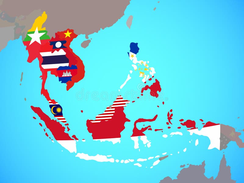 Estados-membros Do ASEAN Com As Bandeiras No Mapa Ilustração Stock ...