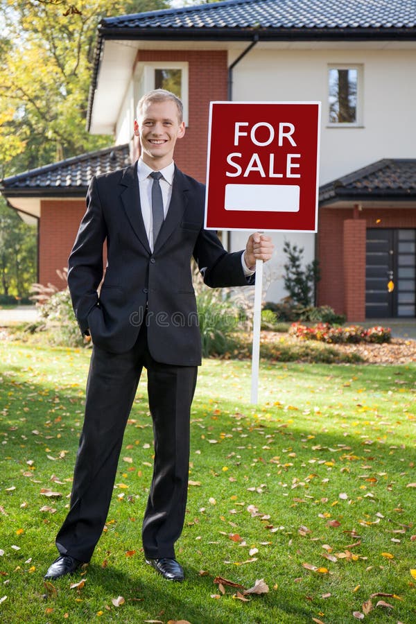 Estate Agent Standing in Front of House Stock Image - Image of sell ...