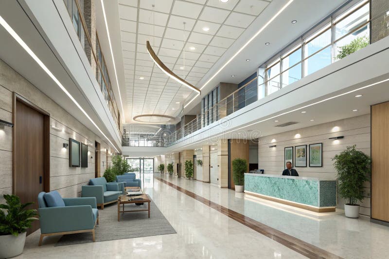 Esthetic Clean Modern Multi-level Hospital Lobby Stock Illustration ...
