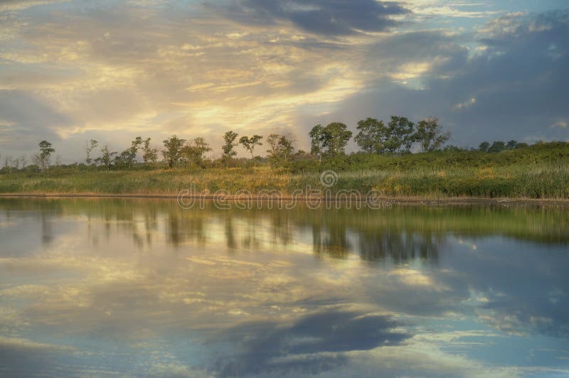 Estuary at Sunset Summer Landscape Stock Image - Image of marsh, lake ...