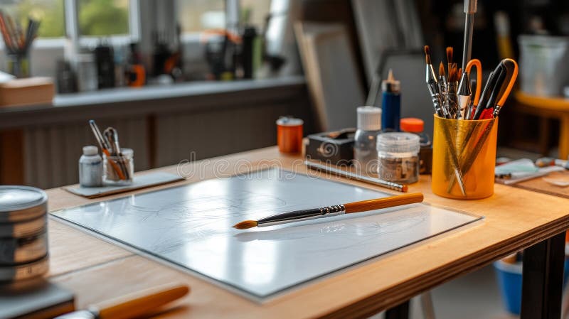 Etched Craft Studio Workspace Artists Tools Paints Brushes and Etching ...