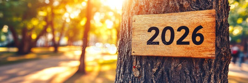 2026 Etched on Wooden Sign, Sunlight Streams through Forest Trees ...