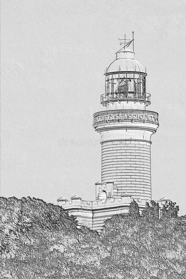 Etching of Byron Bay Lighthouse Stock Photo - Image of clouds ...