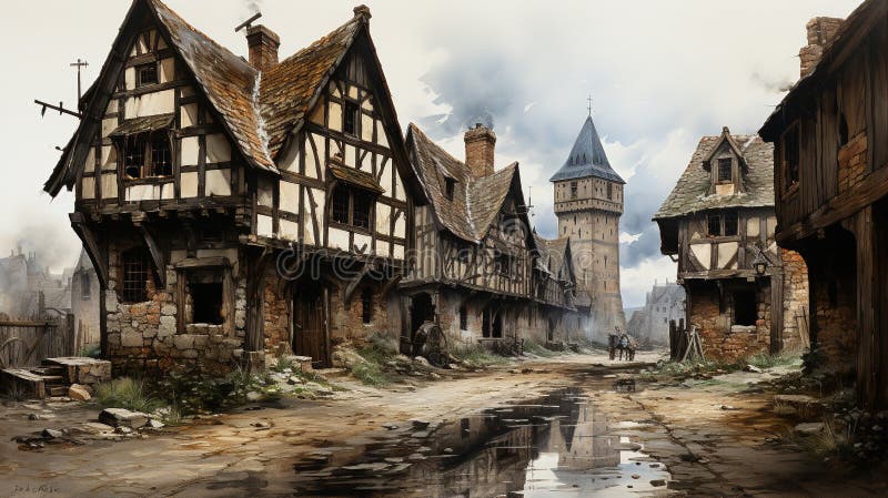 Etching Medieval Empty Town Abstract Art Painting Background Stock ...