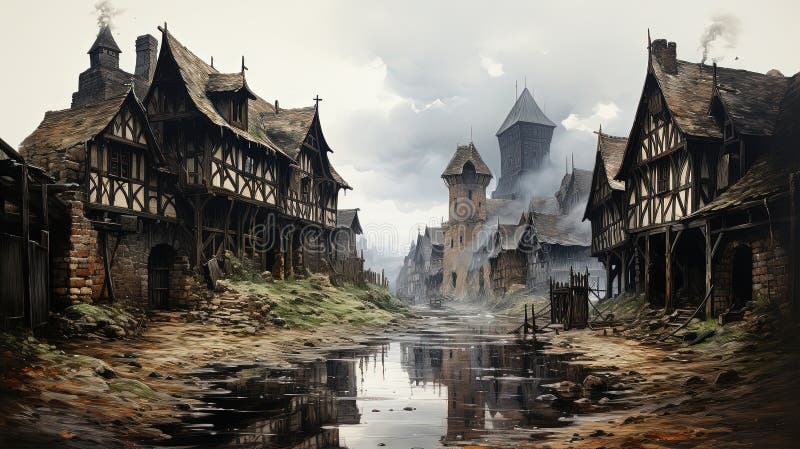 Etching Medieval Empty Town Abstract Art Painting Background Stock ...