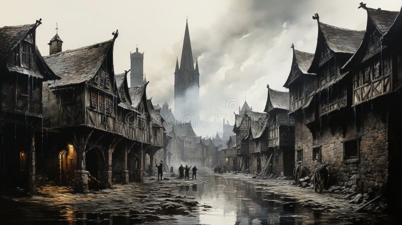 Etching Medieval Empty Town Abstract Art Painting Background Stock ...