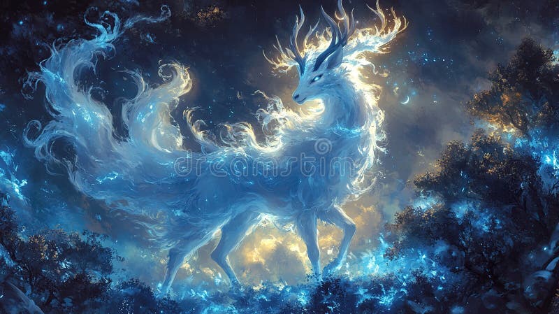 Ethereal Blue Fire Deer Creature in Mystical Forest at Night Stock ...