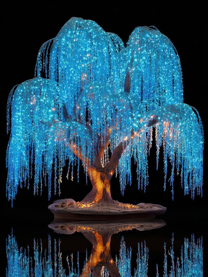 Ethereal Blue Glowing Willow Tree with Lights in Dark Background Stock ...