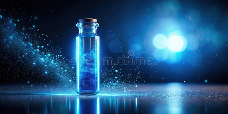 Ethereal Blue Liquid in Glass Bottle with Glowing Particles. Generative ...