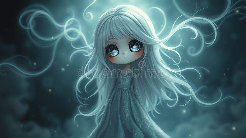 Ethereal Character with Long White Hair in a Mysterious Setting Stock ...