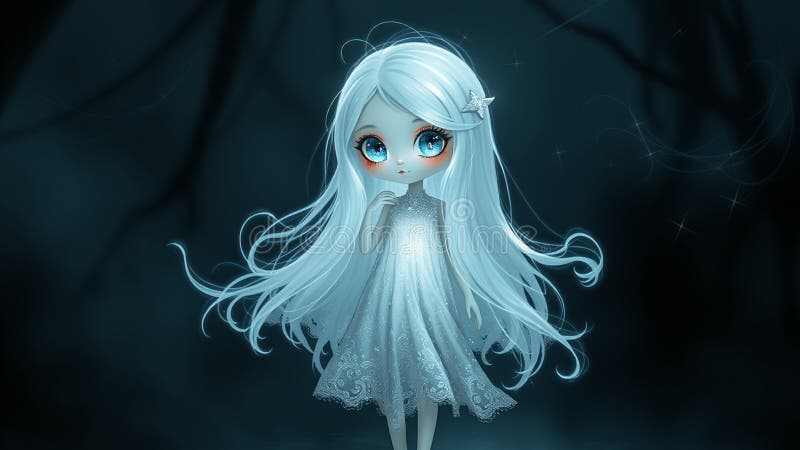 Ethereal Character with Long White Hair in a Mysterious Setting Stock ...