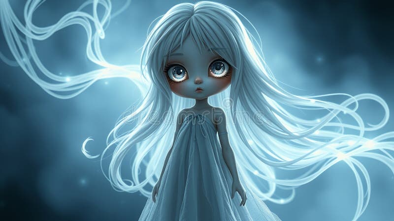 Ethereal Character with Long White Hair in a Mysterious Setting Stock ...