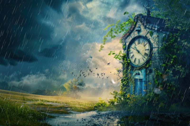 Ethereal Clock Tower Amidst a Tempest, Reflecting the Enduring Passage ...