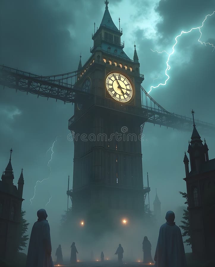 Ethereal Clock Tower – Bone Bridges & Lightning in Dark Fantasy Scene ...