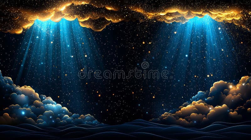 Ethereal Clouds with Light Rays and Starry Night Sky Stock Illustration ...