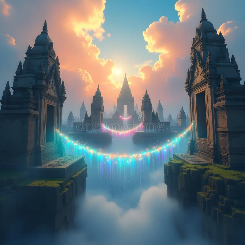 Ethereal Cloudscape Ancient Temples Illuminated Bridge Stock ...