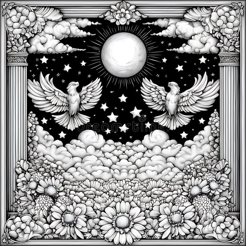 Ethereal Coloring Book Page with Celestial Elements Stock Illustration ...
