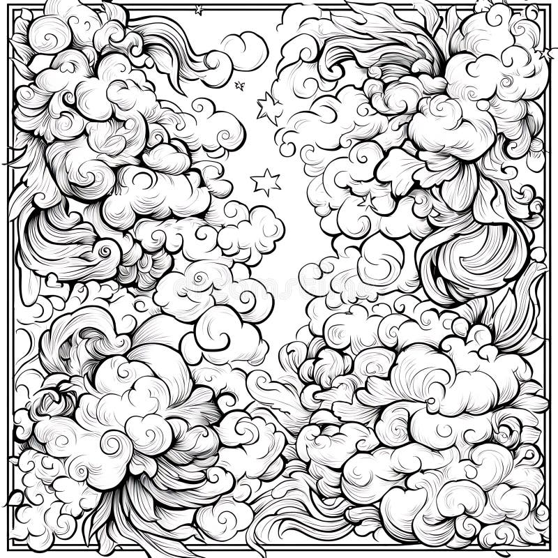 Ethereal Coloring Page of Celestial Clouds and Stars Stock Illustration ...