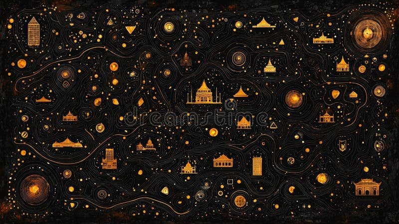 Ethereal Cosmic Map with Golden Structures and Celestial Bodies on a ...