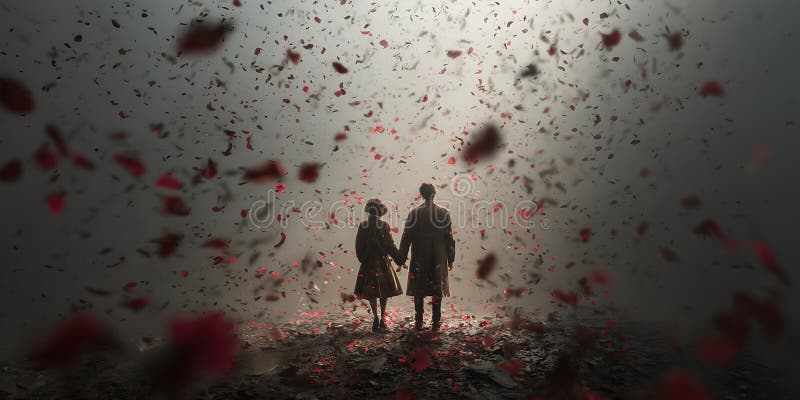 Ethereal Couple a Surreal Scene of Falling Petals and Shadowy Figures ...