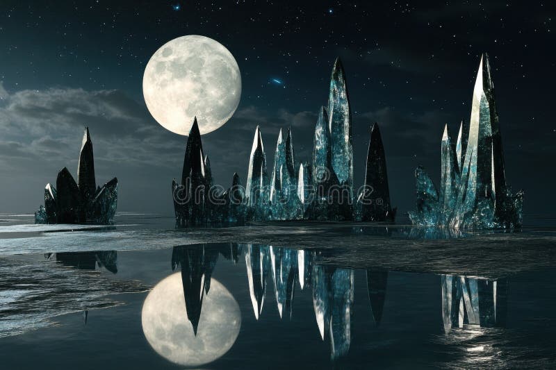 Ethereal Crystal Formations Reflect Full Moon in a Tranquil Night ...