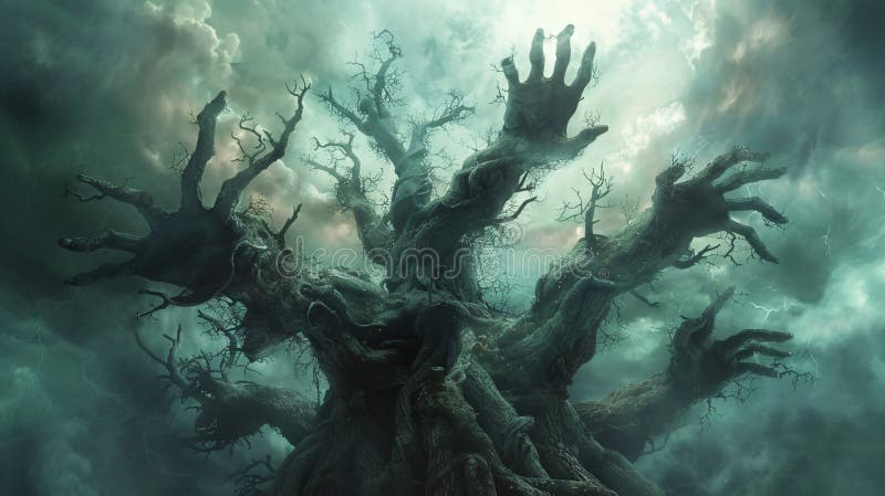 Ethereal Depiction of Ancient Tree Whose Branches Morph into Hands ...