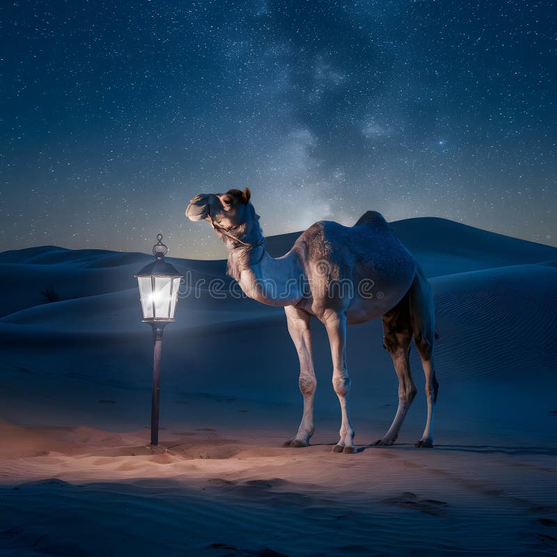 Ethereal Desert Night with a Camel and Lantern, Under Starry Sky Stock ...