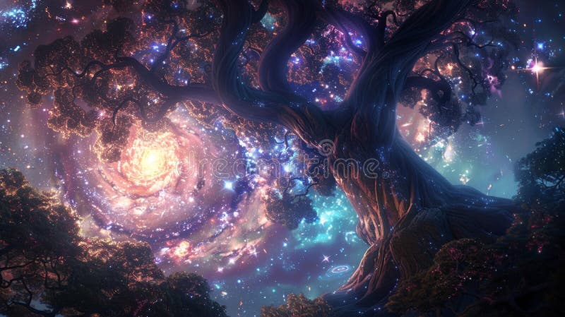Mystical Tree Bridging Cosmic Dreams and Earthly Roots Stock Illustration - Illustration of ...