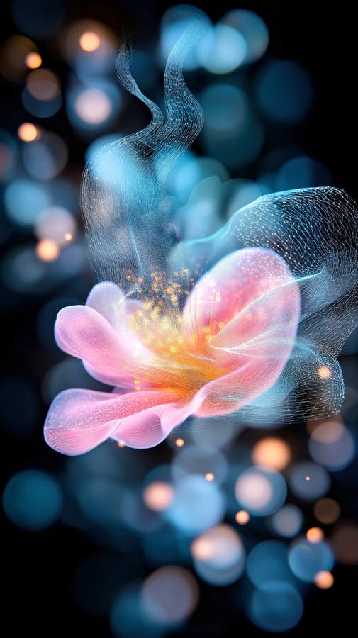Ethereal Digital Flower with Glowing Bokeh Effect on a Dark Background ...