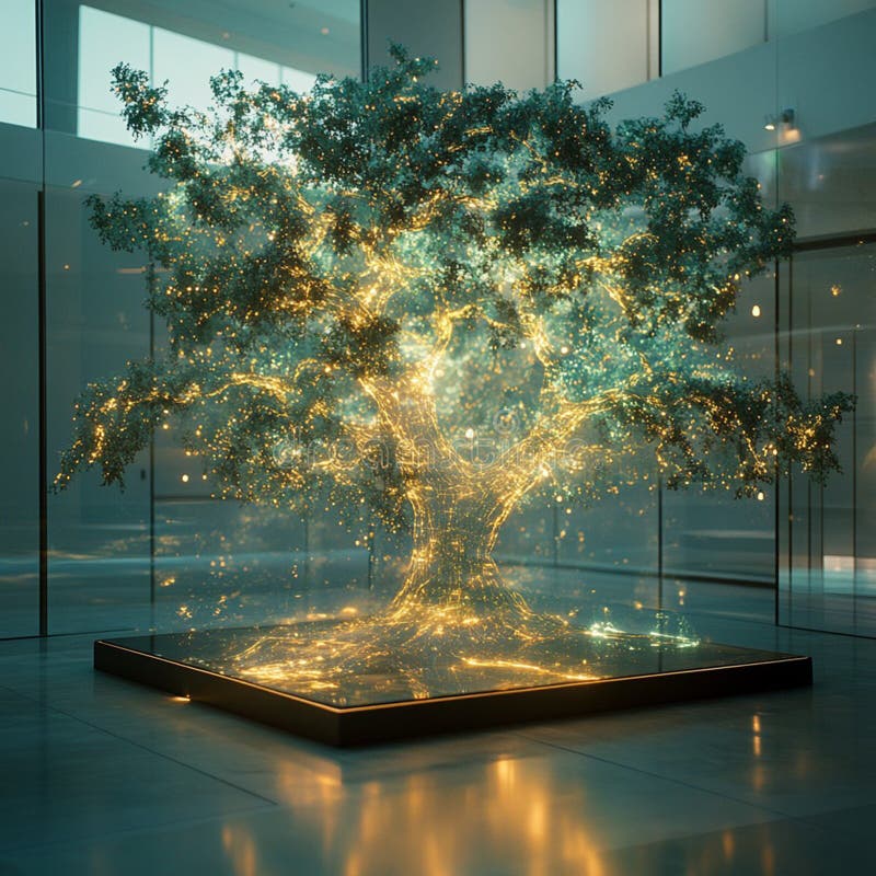 Ethereal Digital Tree Illuminated by Glowing Lights in a Modern Glass ...